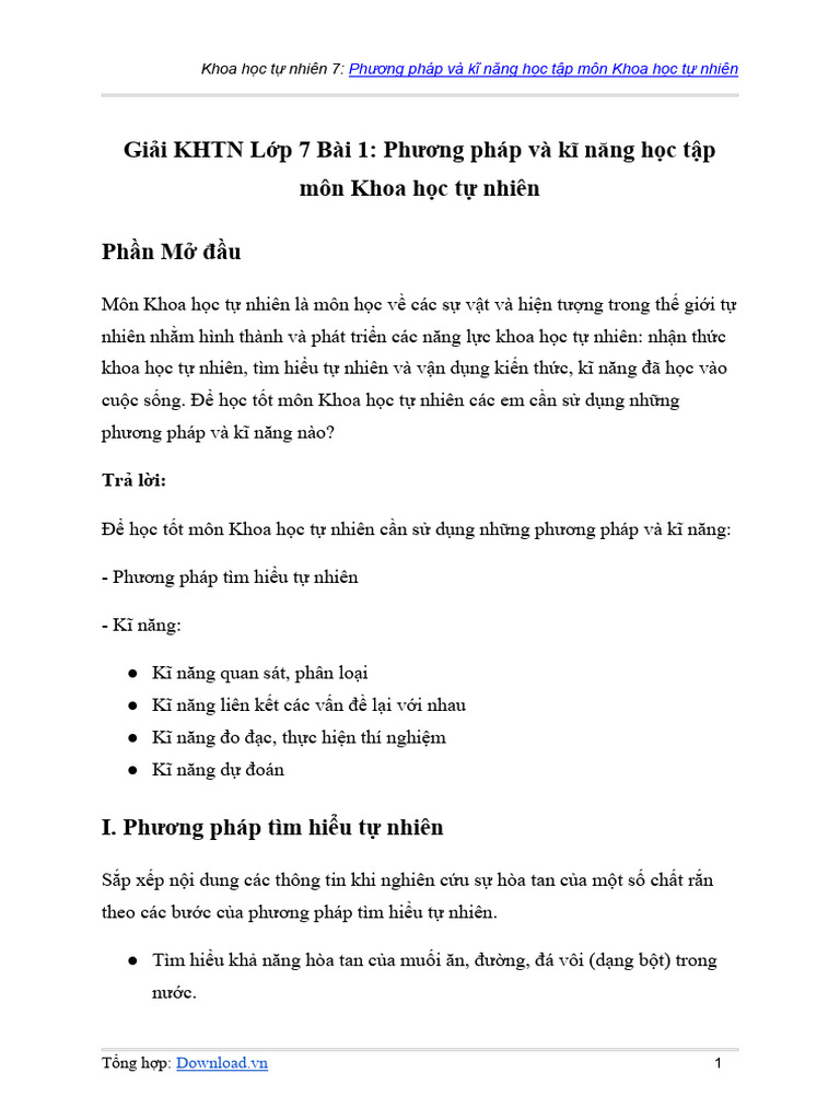 Khoa Hoc Tu Nhien Lop 7 Bai 1 Ket Noi Tri Thuc | PDF