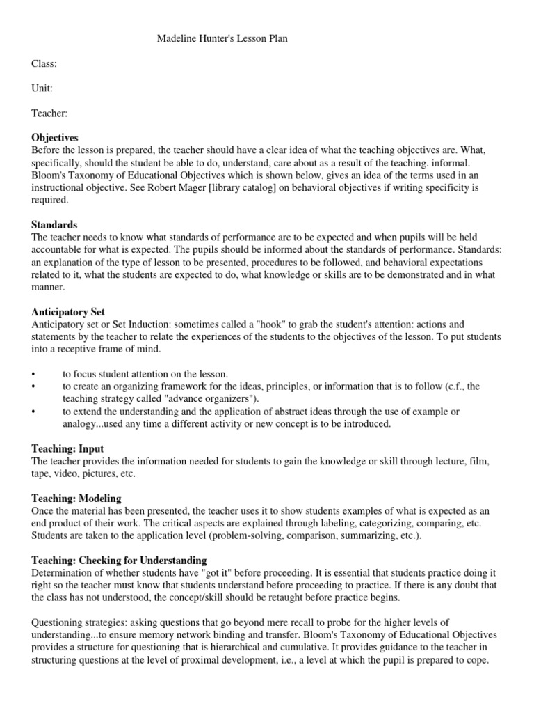 Madeline Hunter Lesson Plan | PDF | Teachers | Understanding
