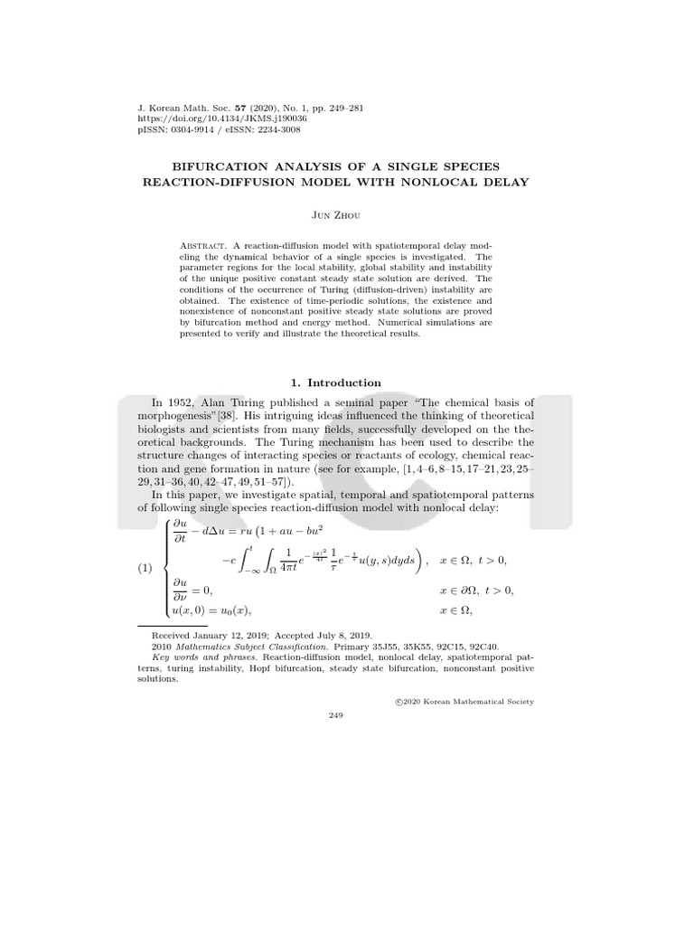 Bifurcation Analysis of A Single Species Reacrion-Diffusion Model With ...