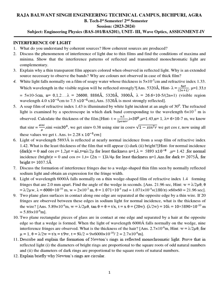 2023-2024 - Assignment-IV Unit-III-Sem I - Wave Optics | PDF