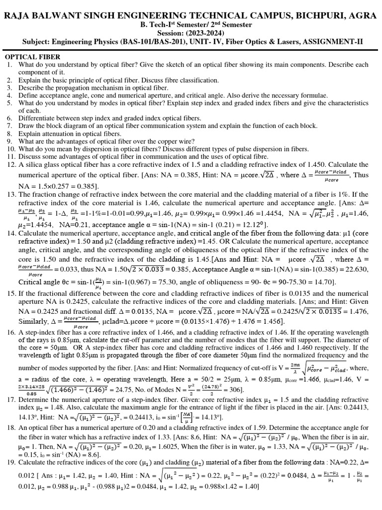 2023-2024 - Assignment-II Unit-IV-Sem I - Fibre Optics & Lasers | PDF | Optical Fiber ...