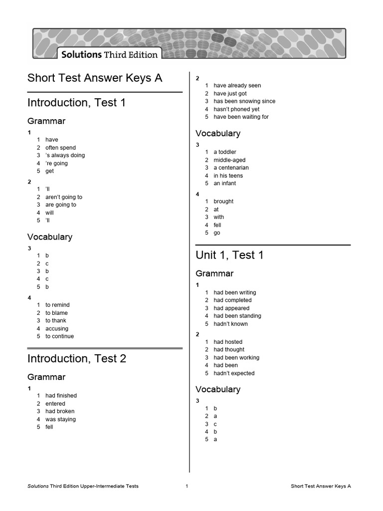 Sol3e Uppint Short Test Answer Keys A | PDF
