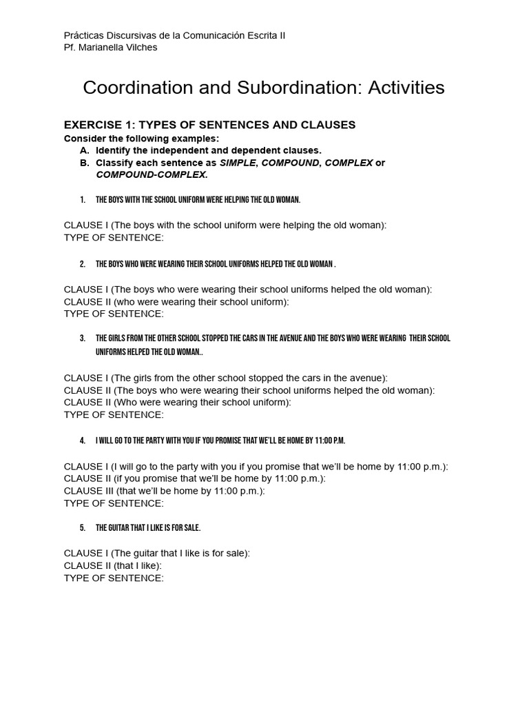 Independent and Subordinated Clauses - Activities | PDF | Clause ...