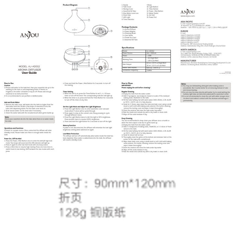 Anjou AJ-AD012 Aroma Diffuser | PDF | Sodium Bicarbonate | Water