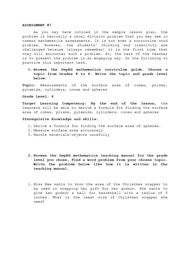 ASSESSMENT #7 (Teaching Mathematics in Intermediate Grades) | PDF | Area | Sphere
