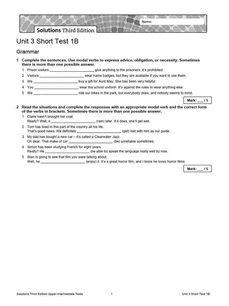 Sol3e Uppint U3 Short Test 1b | PDF | Language Arts & Discipline Sol3e Uppint U3 Short Test 1b | PDF | Language Arts & Discipline