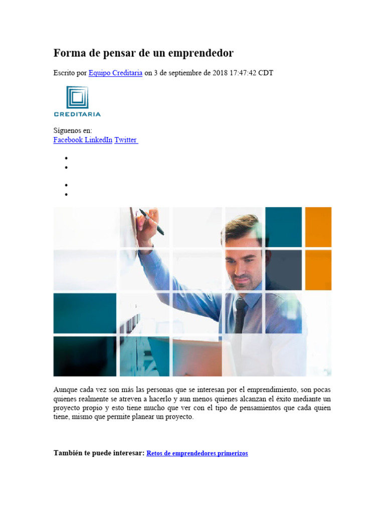 Forma de Pensar de Un Emprendedor | PDF | Iniciativa empresarial | Business