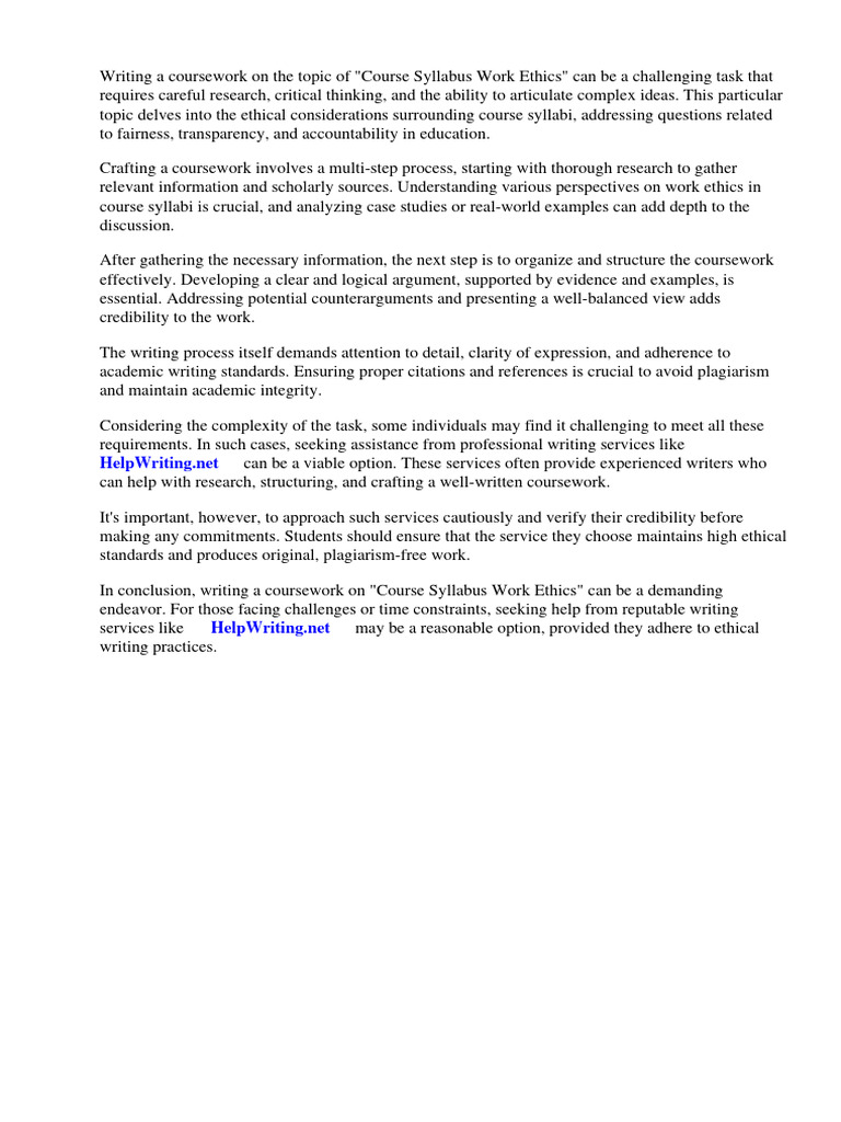 Course Syllabus Work Ethics | PDF