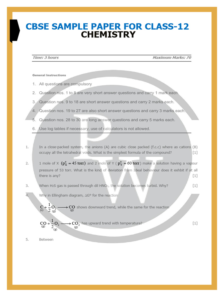 Chemistry: Cbse Sample Paper For Class-12 | PDF | Transition Metals ...