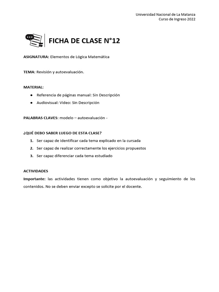 FICHA 12 Revision y Autoeval - 1 | PDF | Proposición | Verdad