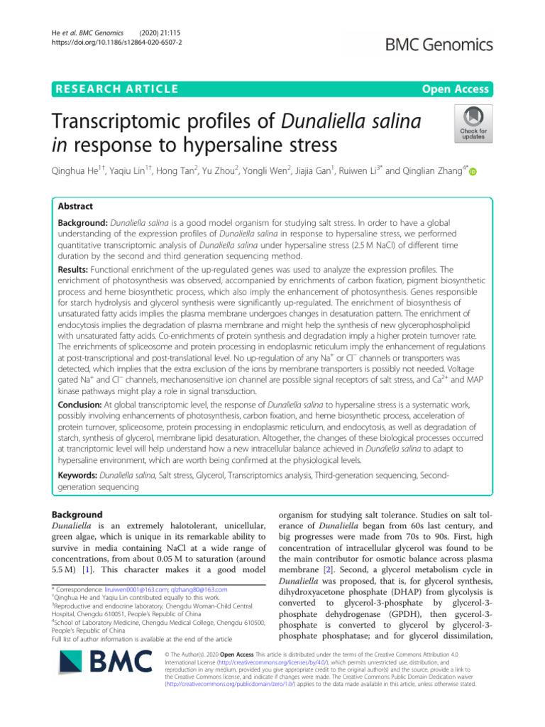 Dunaliella salina Transcriptomic Response to Hypersaline Stress | PDF ...