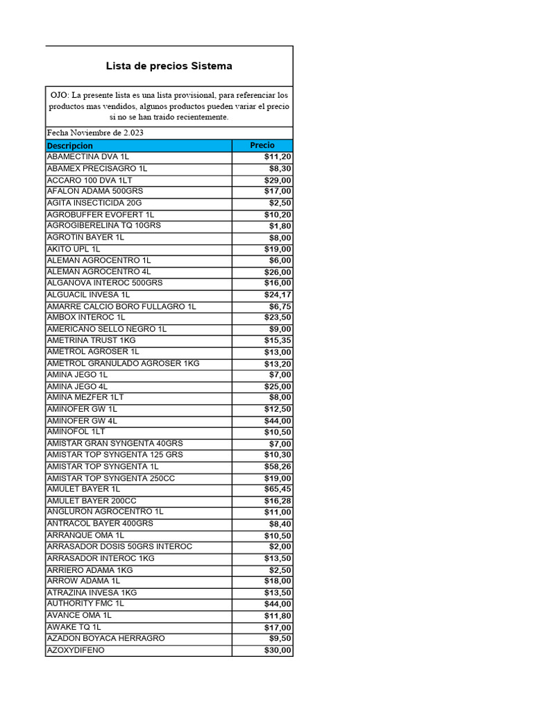Lista Precios Noviembre 23 Provisional | PDF