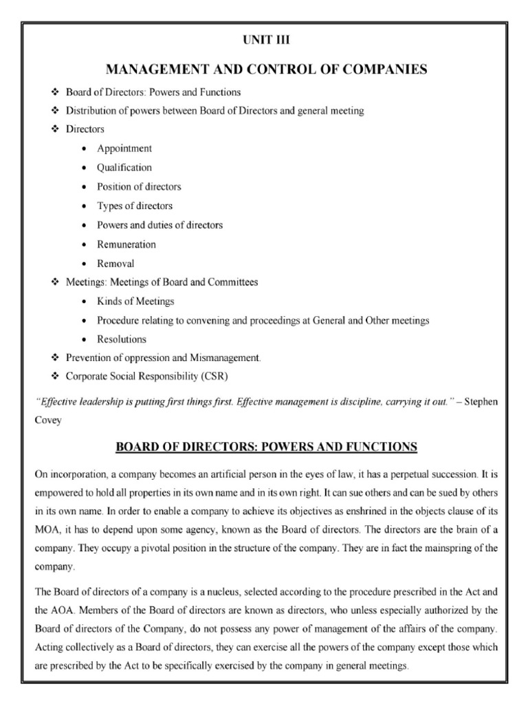Company Law - Unit III | PDF