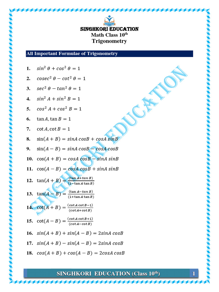 Trigonometry Important Formulae | PDF
