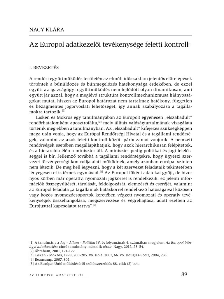 NAGY Klára Az Europol Adatkezelői Tevékenysége Feletti Kontroll | PDF