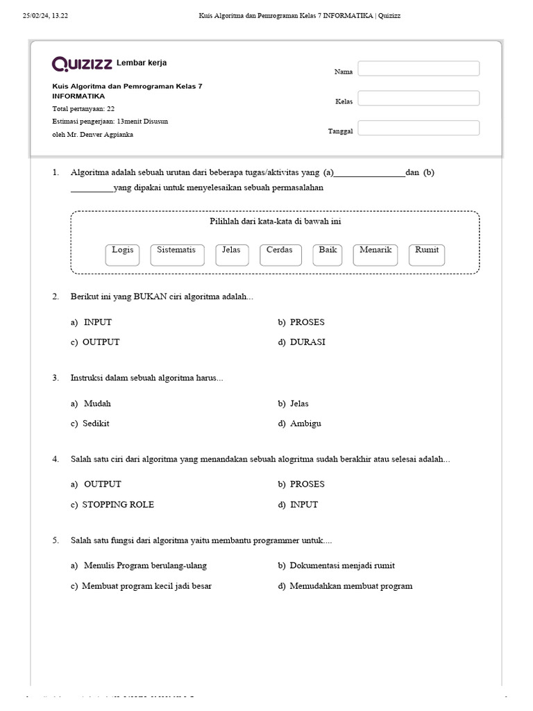 Kuis Algoritma Dan Pemrograman Kelas 7 INFORMATIKA - Quizizz | PDF | Komputer