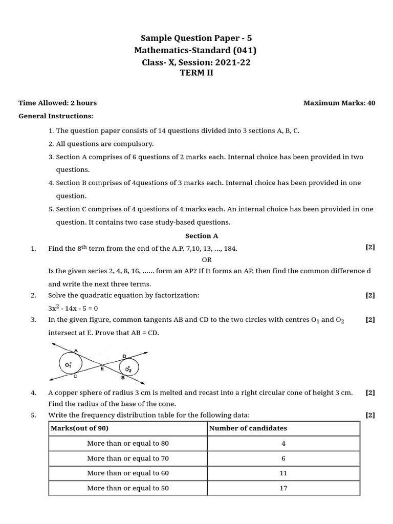 Mathematics Standard (Term-2) 2022 Set - 5 | PDF | Circle | Sphere