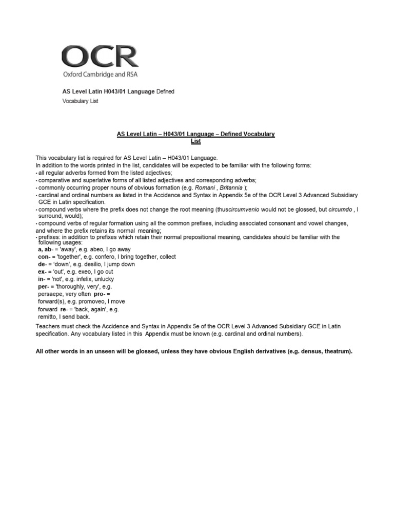 AS Latin Vocab List | PDF | Adjective | Latin