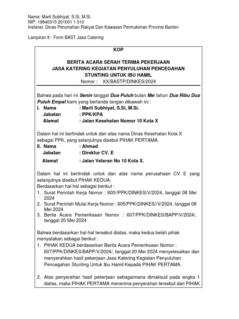 Lampiran 08 - Form BAST Jasa Katering | PDF | Bisnis