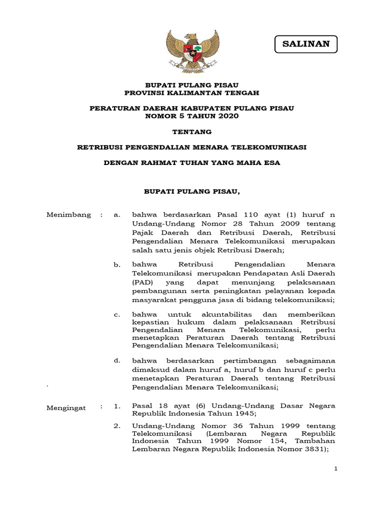 Perda No 5 Tahun 2020 TTG Retribusi Pengendalian Menara Telekomunikasi | PDF