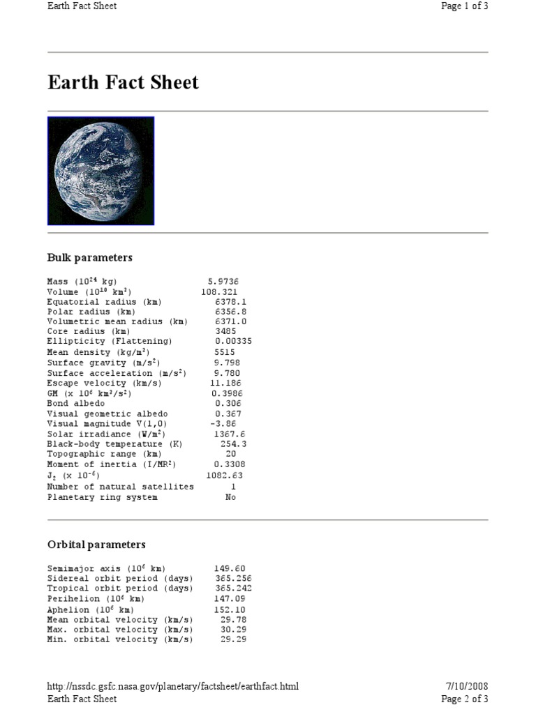 Earth Fact Sheet_NASA | Atmosphere | Orbit | Free 30-day Trial | Scribd