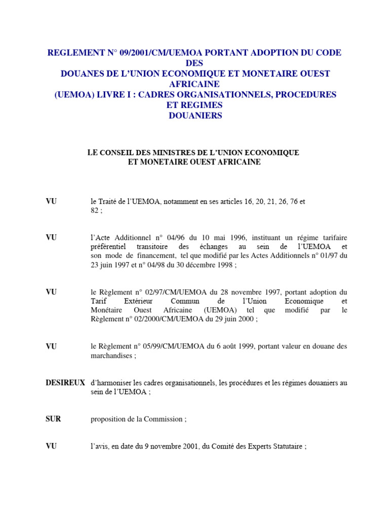 Code des Douanes UEMOA : Réglementation 2001 | PDF | Communauté ...