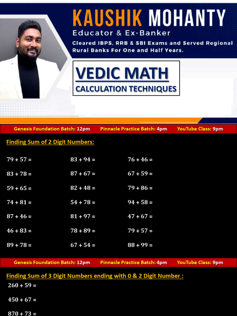 Vedic Math Calculation Techniques (Practice Sheet) - 24173110 - 2024 ...