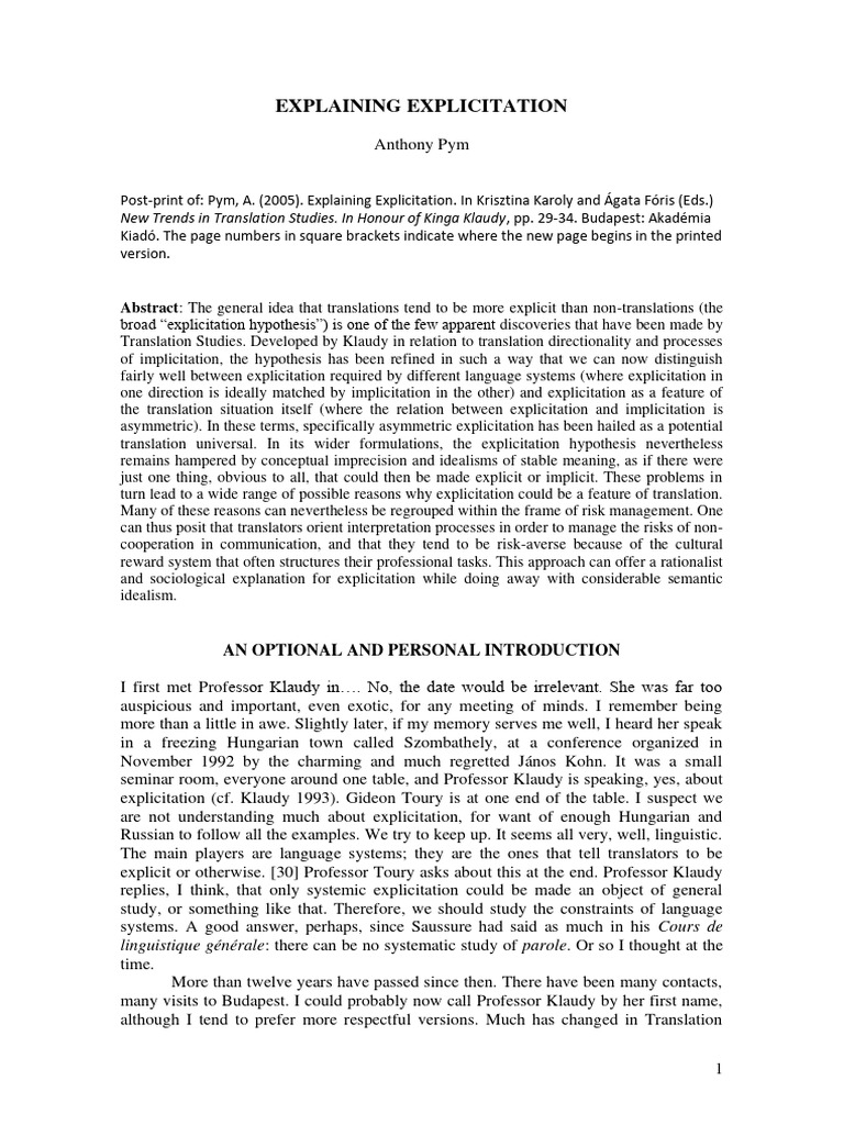 EXPLAINING EXPLICITATION Anthony Pym | PDF | Translations | Risk