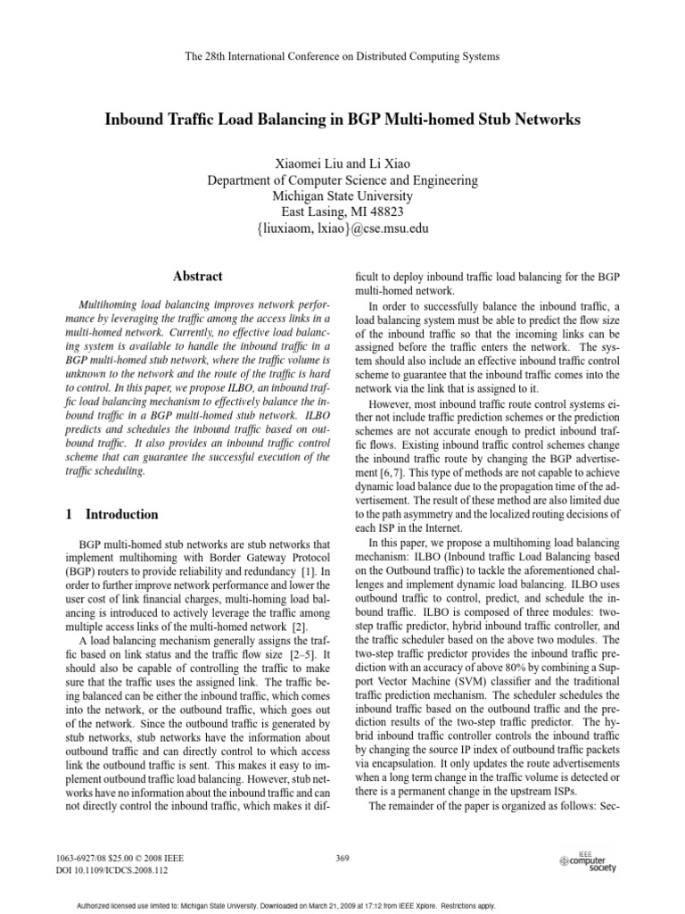 Inbound Traffic Load Balancing In Bgp Multi Homed Stub Networks Pdf Support Vector Machine 