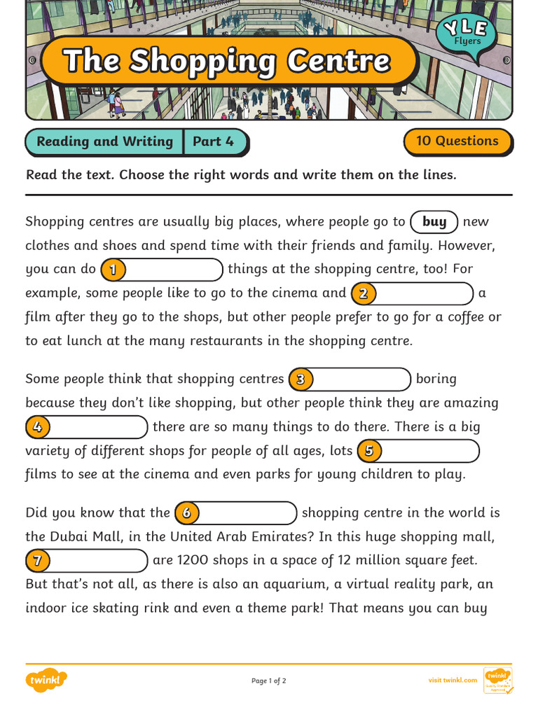 Flyers Reading and Writing Part 4 Activity Sheet Shopping Centre Kids ...