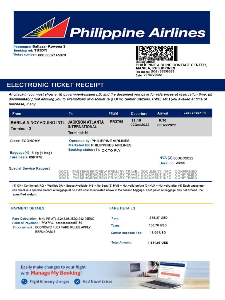 Philippine Airlines-Baltazar Itinerary Ticket | PDF