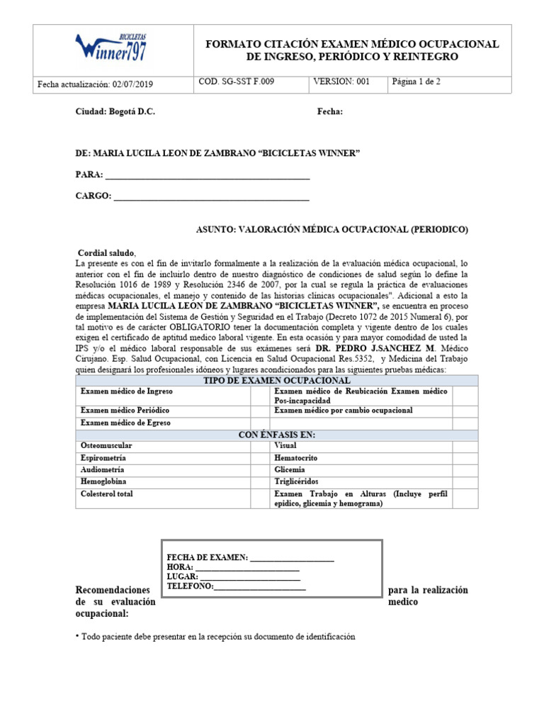 009 Formato Citacion Examen Medicos | PDF | Historial médico | Especialidades Medicas