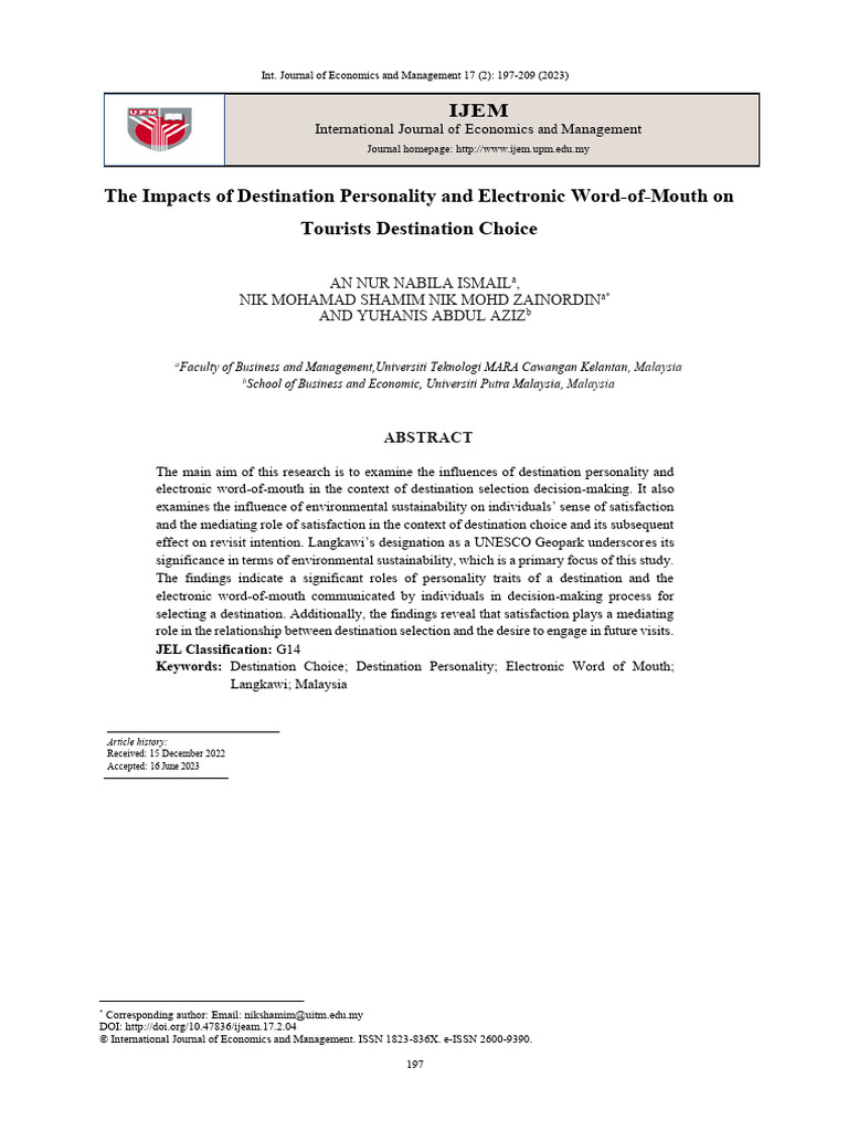 HTTPWWW Ijem Upm Edu Myvol17no24 20The20Impacts20of20Destination20 PDF | PDF | Tourism | Effect Size