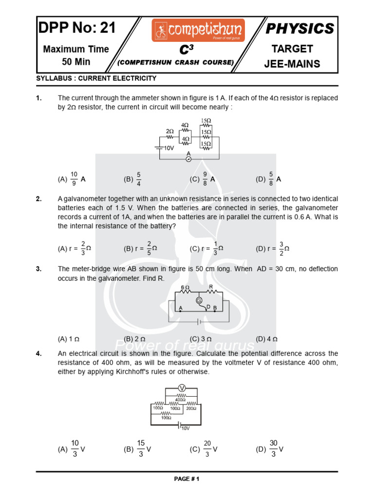 JEE Mains Current Electricity Problems | PDF | Series And Parallel ...
