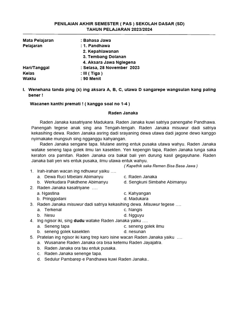 Soal Bahasa Jawa 3 | PDF