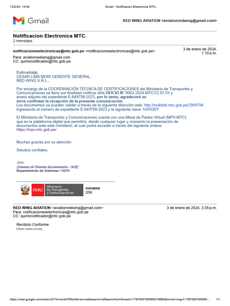 Gmail 3 ENE 2024; 13:10 Hrs. OFICIO N° 0002-2024-MTC/12.07.03. 2p | PDF | Aviación