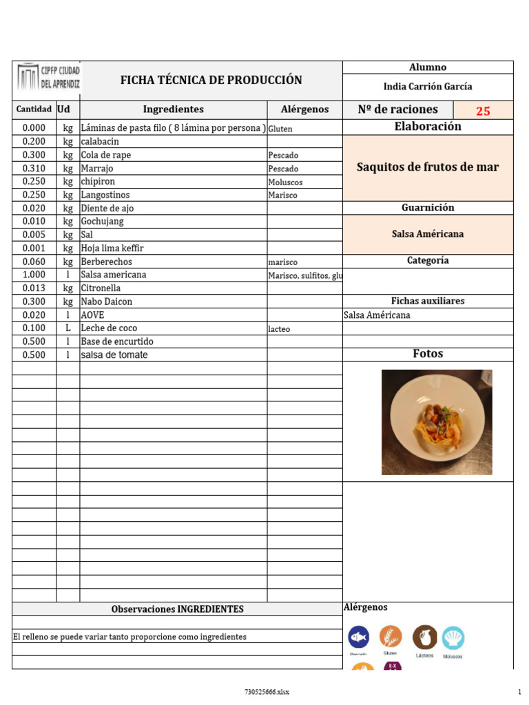 3 X 1 Ficha Técnica, Escandallo y Orden de Trabajo 2 | PDF | Cerdo ...