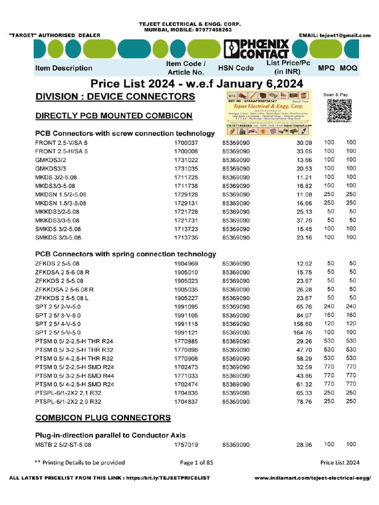 Phoenix All Products Terminals Price List Wef 01-01-2024 | PDF