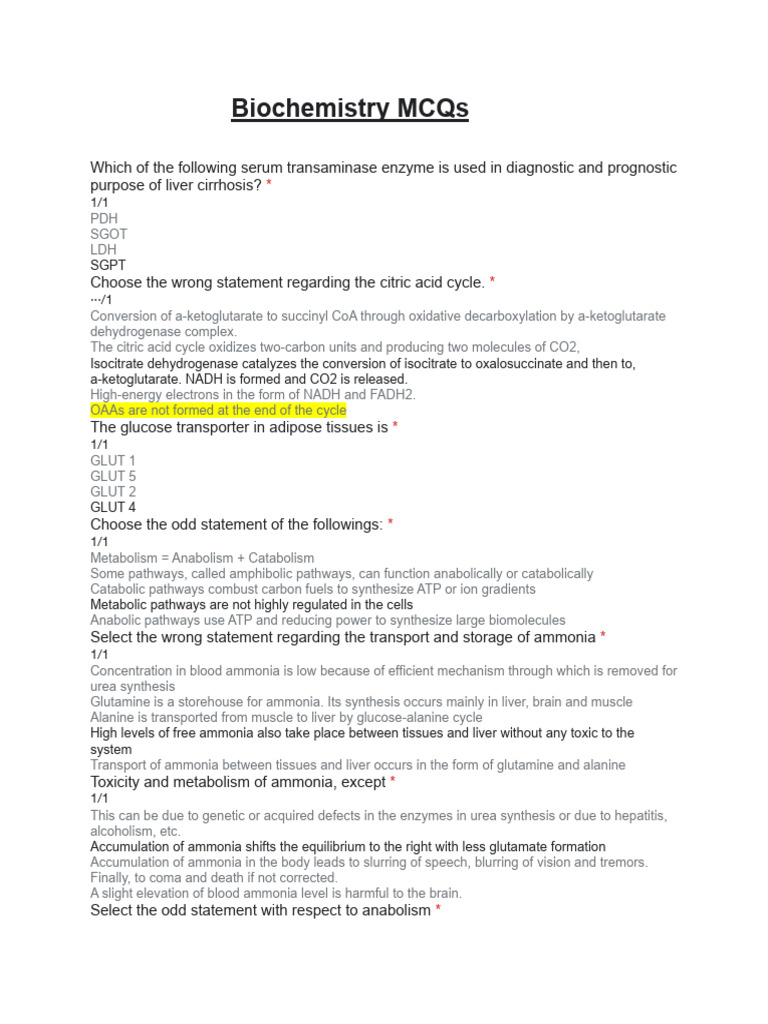 Biochemistry MCQs | PDF | Glycolysis | Chemistry