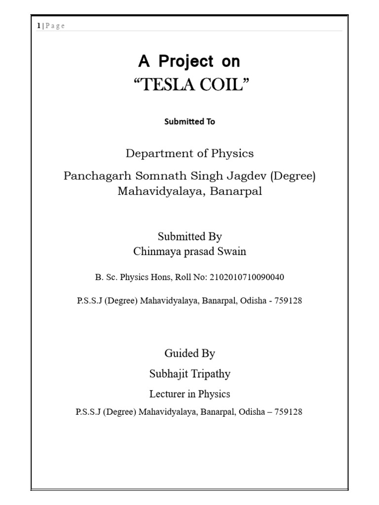 Project Chinmaya Prasad Physics Tesla Coil | PDF | Inductor | Electricity Project Chinmaya Prasad Physics Tesla Coil | PDF | Inductor | Electricity