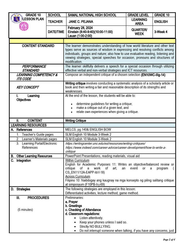 Performance Standard Learning Competency & Its Code Key Concept | PDF | Learning | Lesson Plan