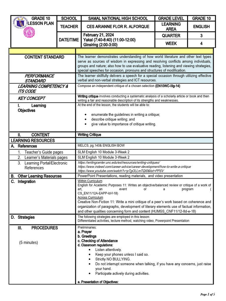 Performance Standard Learning Competency & Its Code Key Concept | PDF