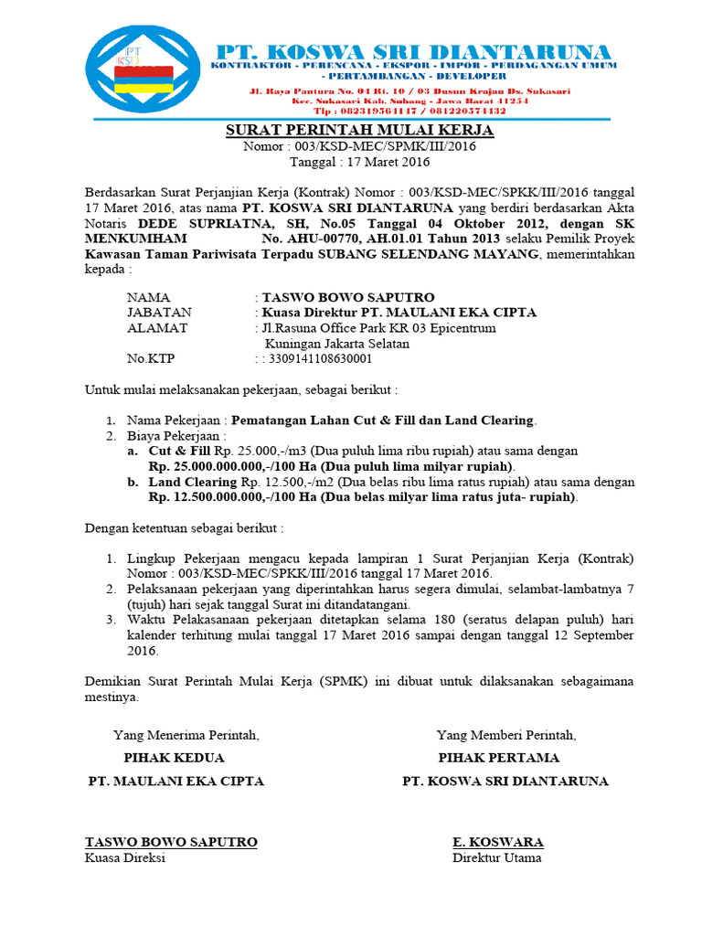 Surat Perintah Mulai Kerja PT Maulani Eka Cipta | PDF | Bisnis ...