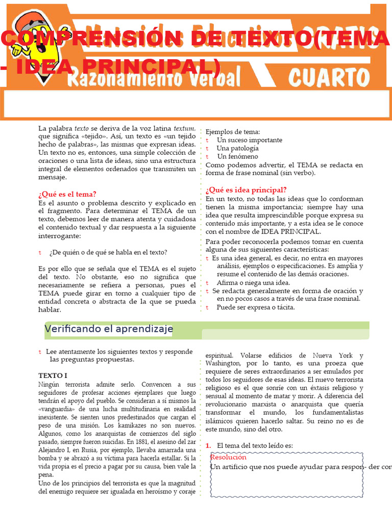 El Tema y La Idea Principal para Cuarto Grado de Secundaria | PDF ...