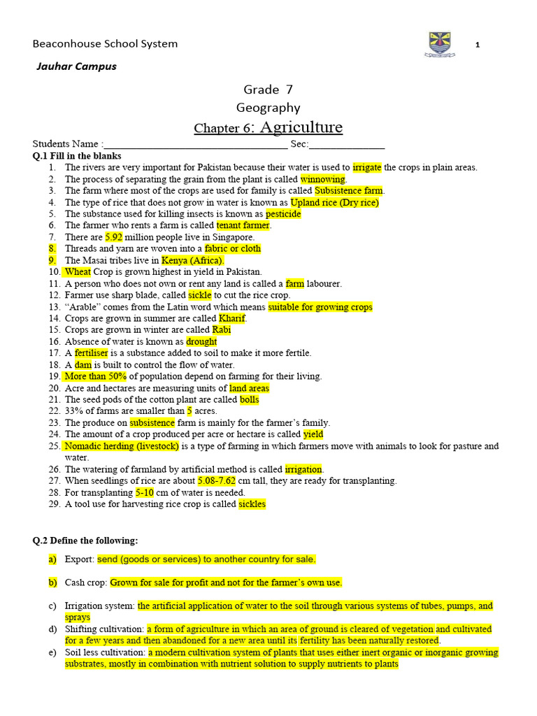 Grade 7 Geography Worksheet | PDF | Agriculture | Farms