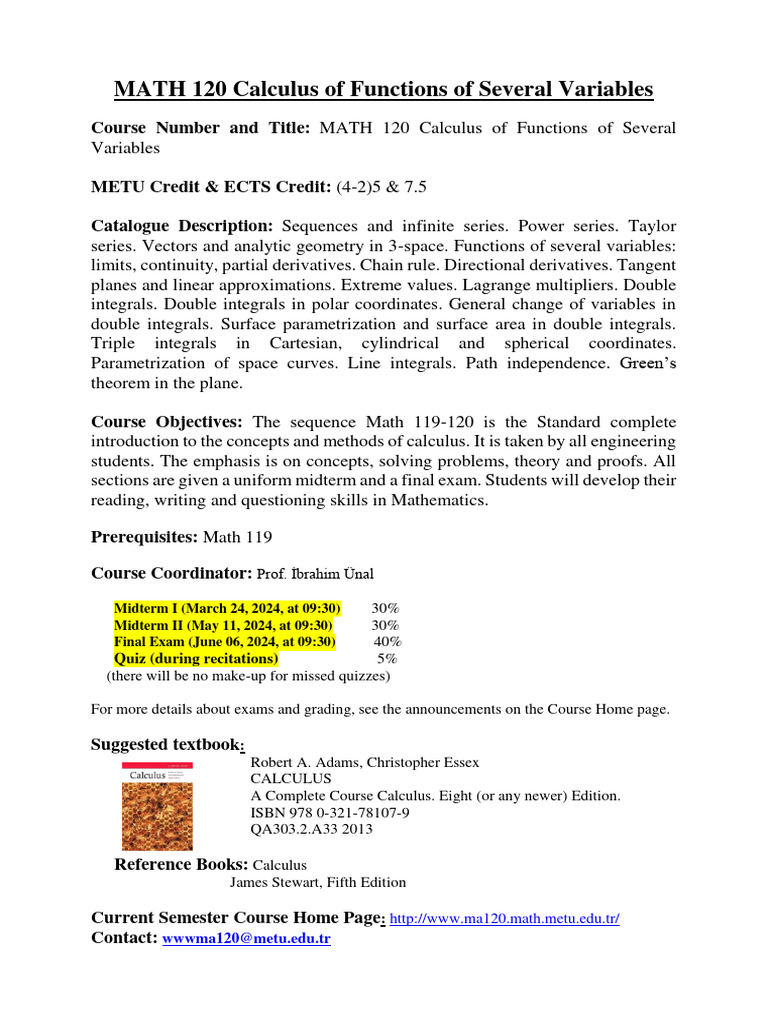 MATH 120 Calculus of Functions of Several Variables (2023-2) Version-01 | PDF | Integral ...
