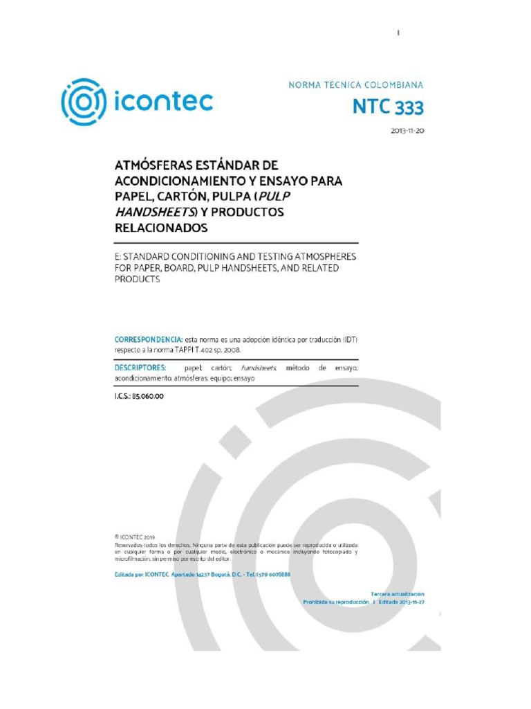 NTC 333. Atmosfera de Acondicionamiento para Papel, Pulpa y Cartos | PDF