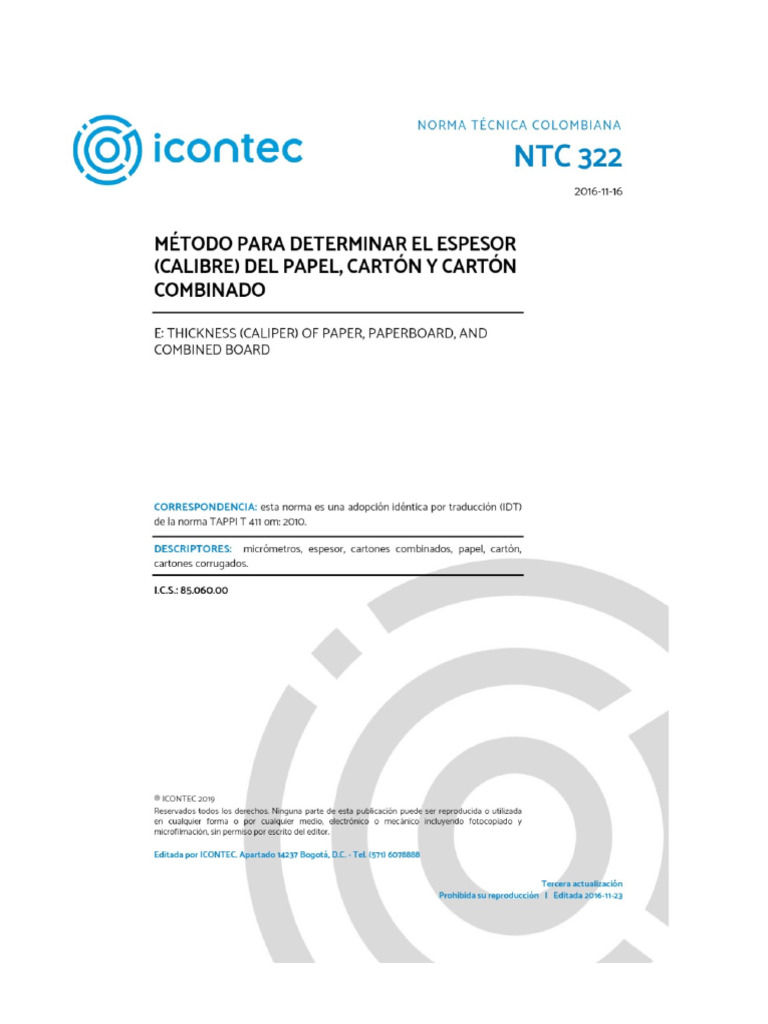 NTC 322. Metodo para Determinar El Espesor de Pepel, Carton y Carton Combinado | PDF