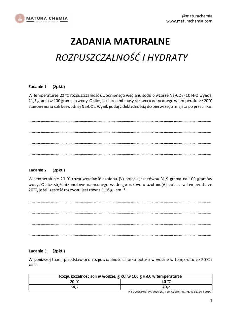 ZADANIA MATURALNE Rozpuszczalnosc I Hydraty | PDF