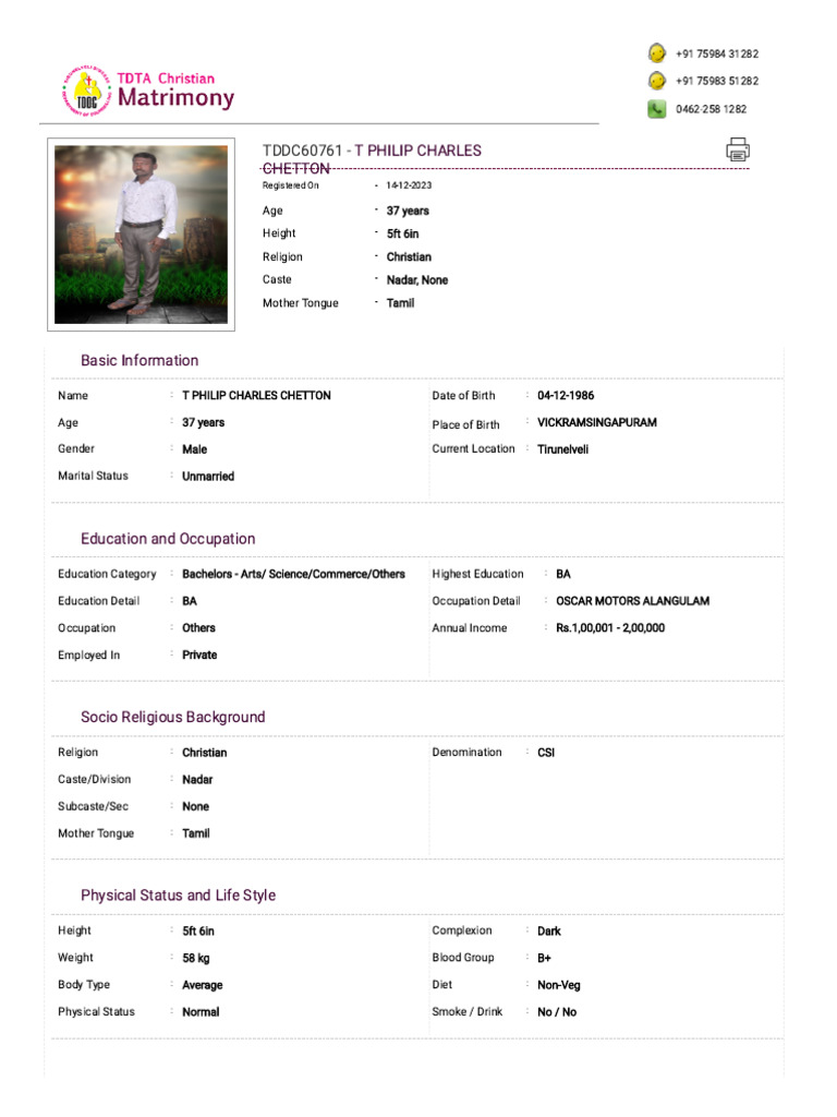 TDTA Christian Matrimony Profile: T. Philip Charles | PDF